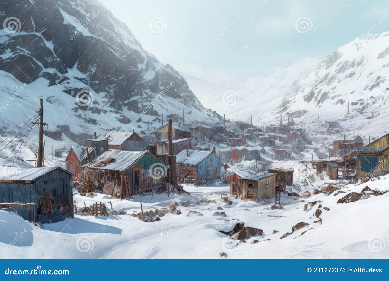 Snow-covered Mining Camp in a Remote Mountainous Area Stock ...