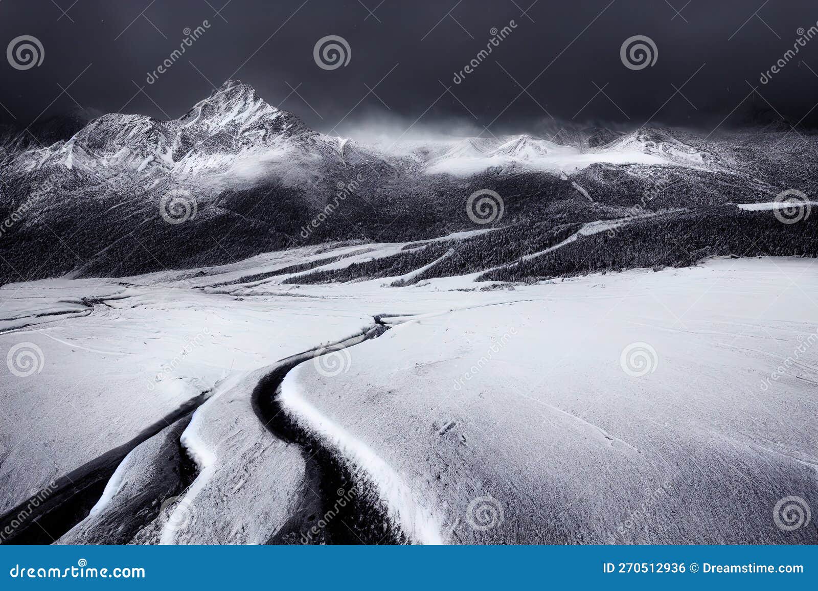 A Snow Covered Mountain Range with a Trail Going through it and a Dark ...