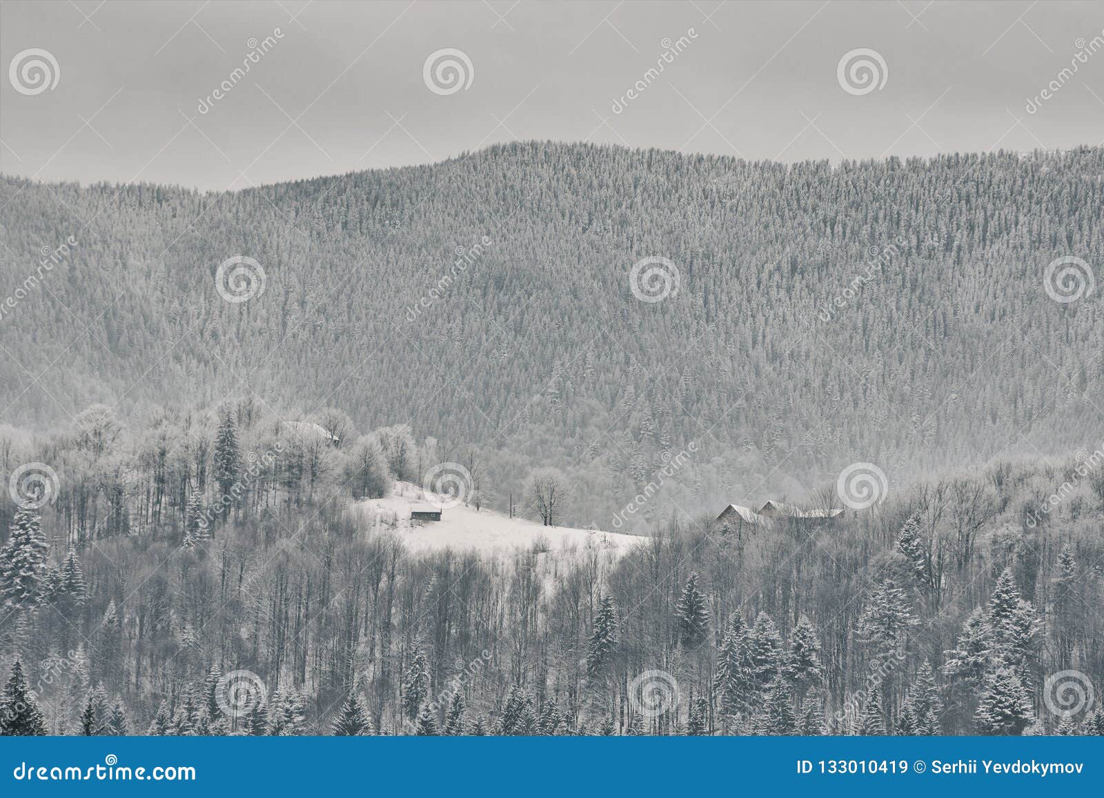 Snow-covered Mountain Slopes. Small House in the Distance Stock Image ...