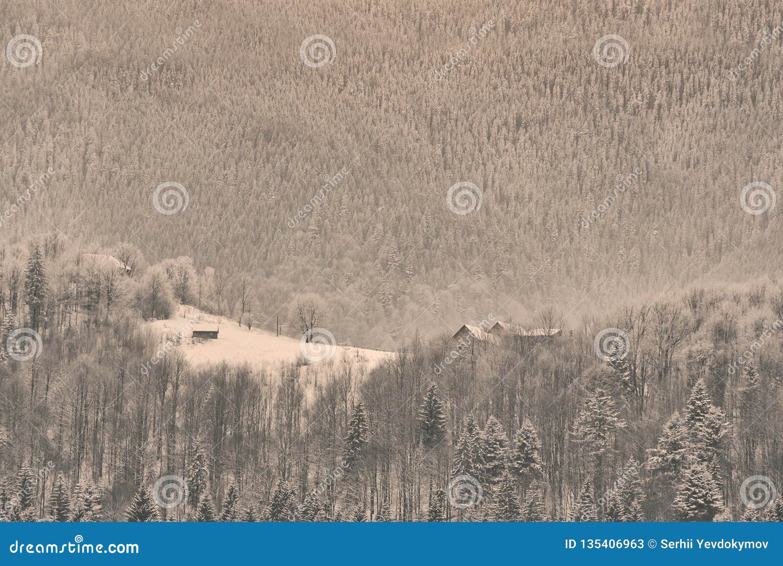 Snow-covered Mountain Slopes. Small House in the Distance Stock Image ...