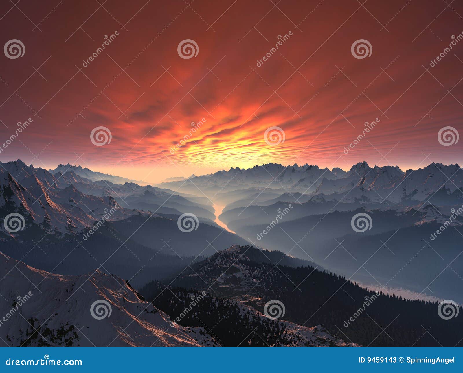 Snow-covered Mountain Valley Sunset Stock Image - Image of landscapes ...