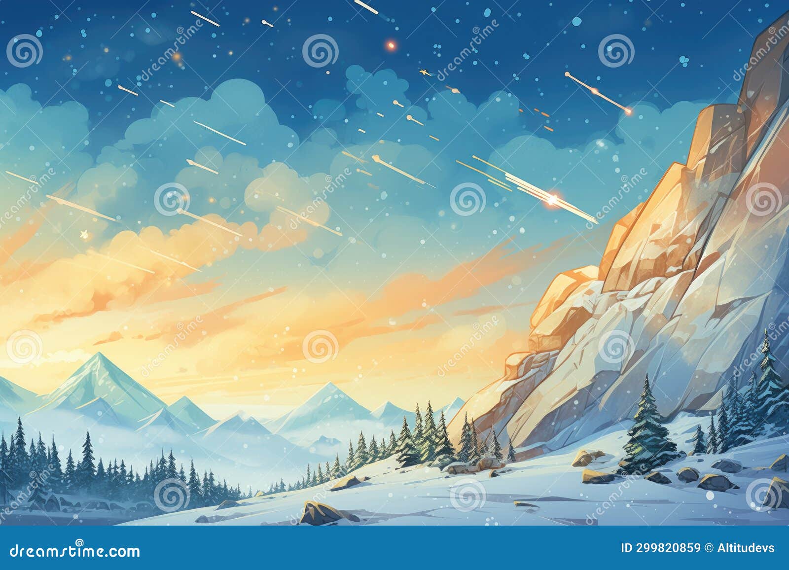 Snow-covered Mountains with a Meteor Shower Above Stock Image - Image ...