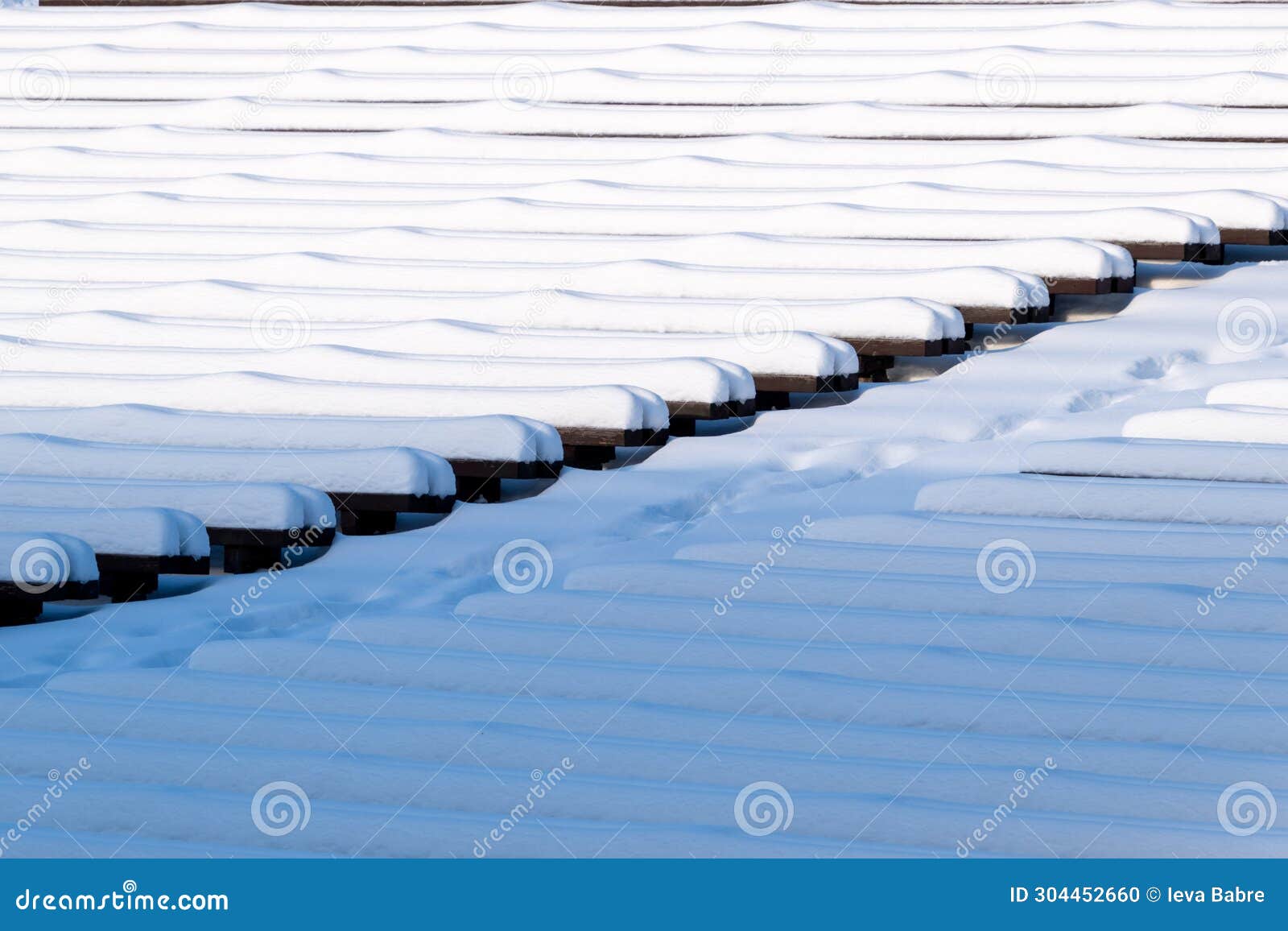Snow-covered Park Long Benches Form White Lines Stock Photo - Image of ...