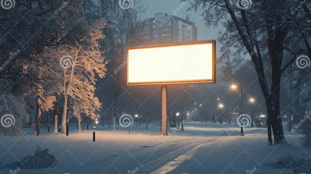 Snow-covered Park at Night with an Illuminated but Empty Billboard in a ...