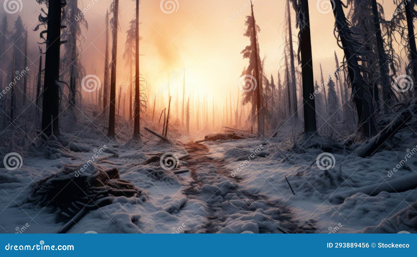 Snow-covered Path In A Post-apocalyptic Forest Stock Photo ...
