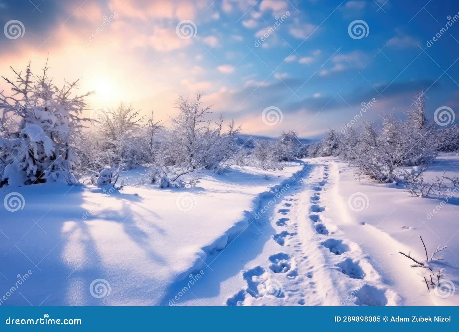 A Snow Covered Path with Trees and a Blue Sky Stock Illustration ...
