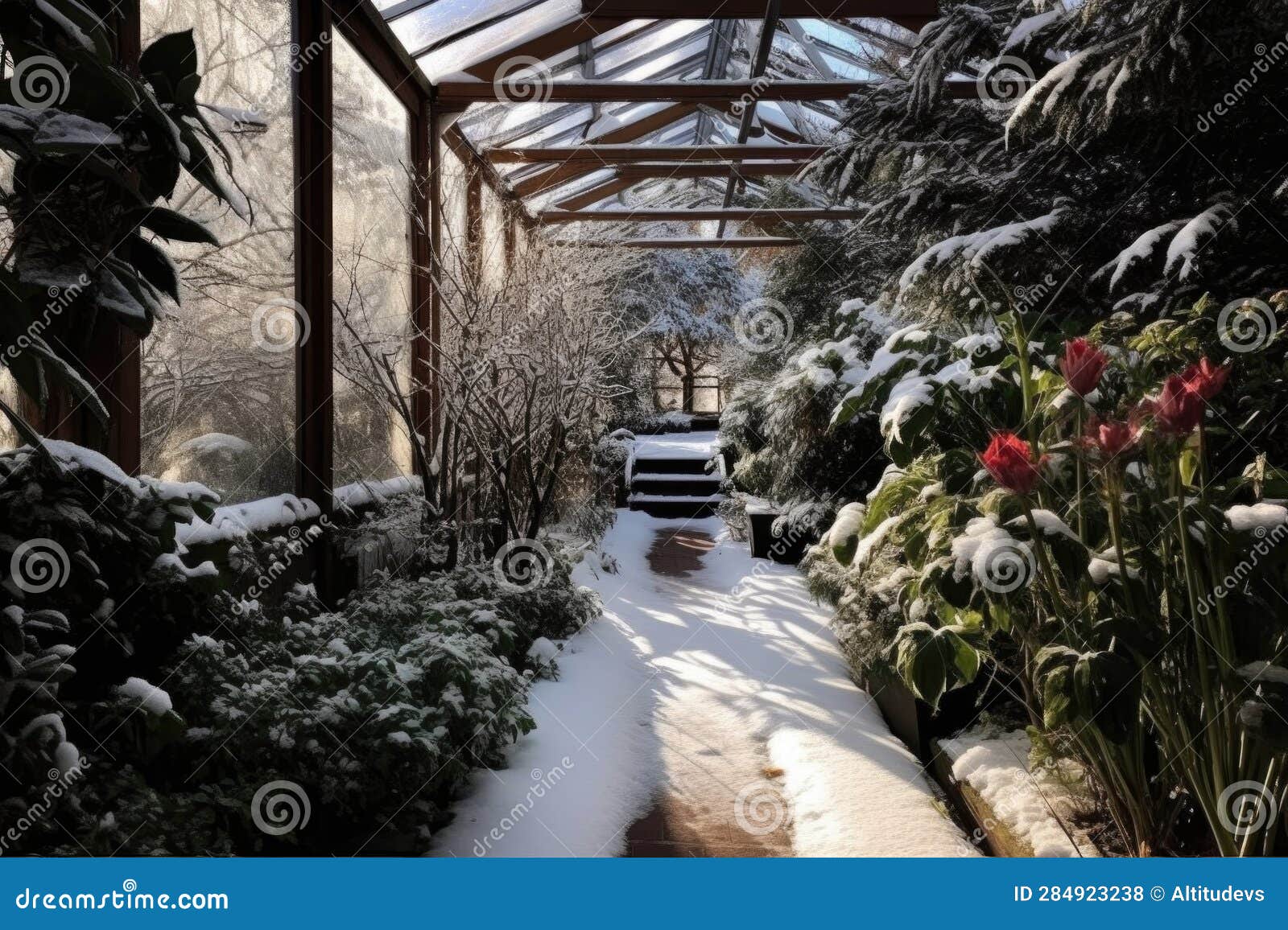 Snow-covered Pathway through a Winter Garden Stock Illustration ...