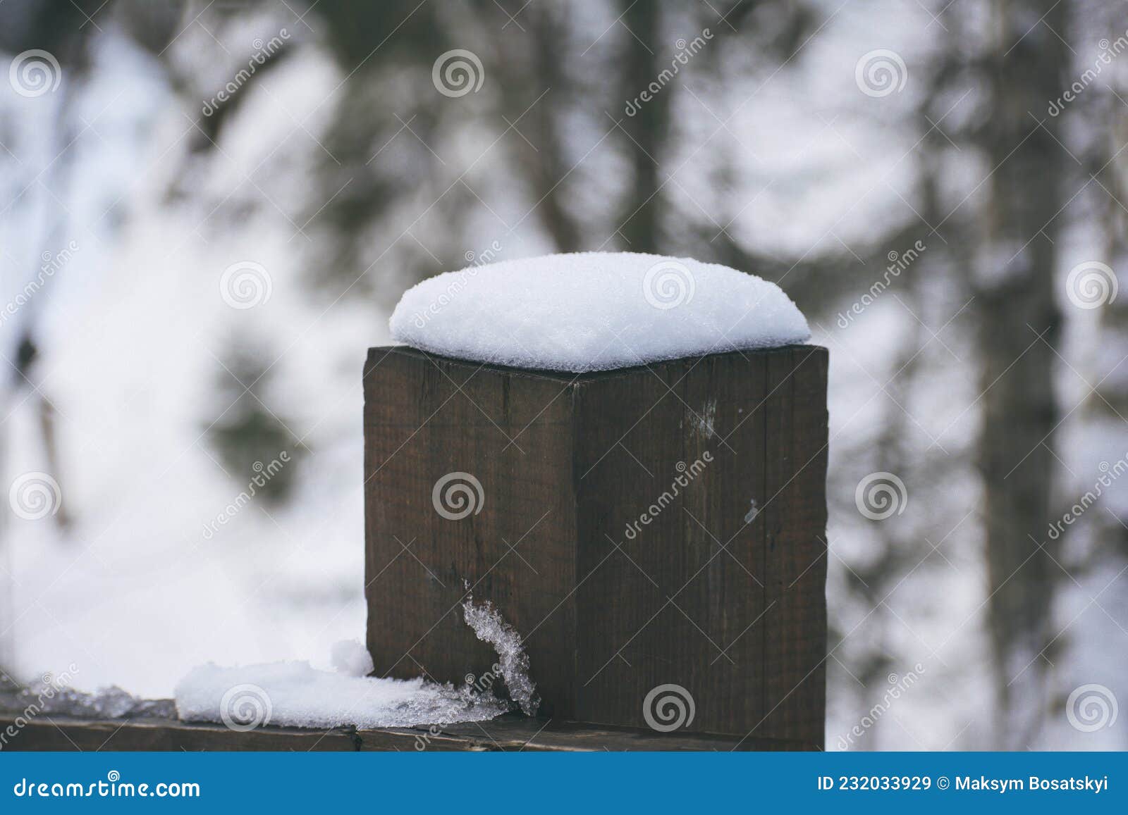 Snow-covered Pillar of a Wooden Fence Stock Image - Image of scenic ...
