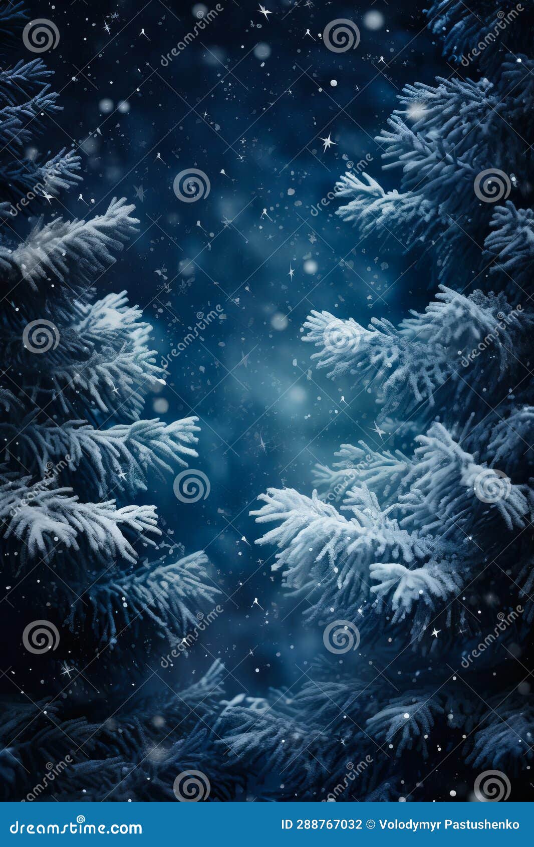 Snow Covered Pine Tree with Blue Background and White Snowflakes ...