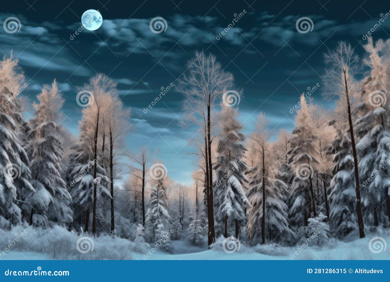 Snow-covered Pine Trees Under Full Moon Glow Stock Illustration ...