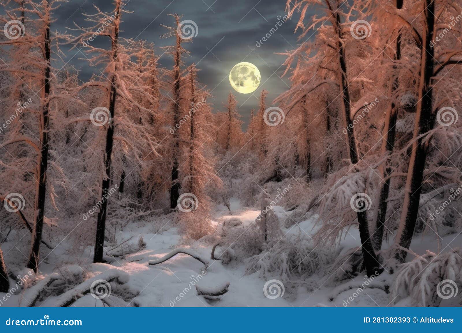 Snow-covered Pine Trees Under Full Moon Glow Stock Illustration ...