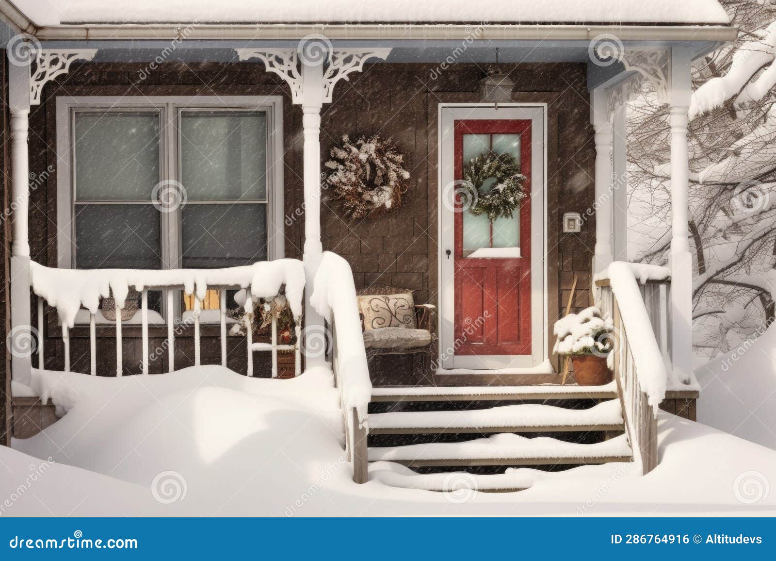 Snow-covered Porch and Door Stock Photo - Image of house, white: 286764916
