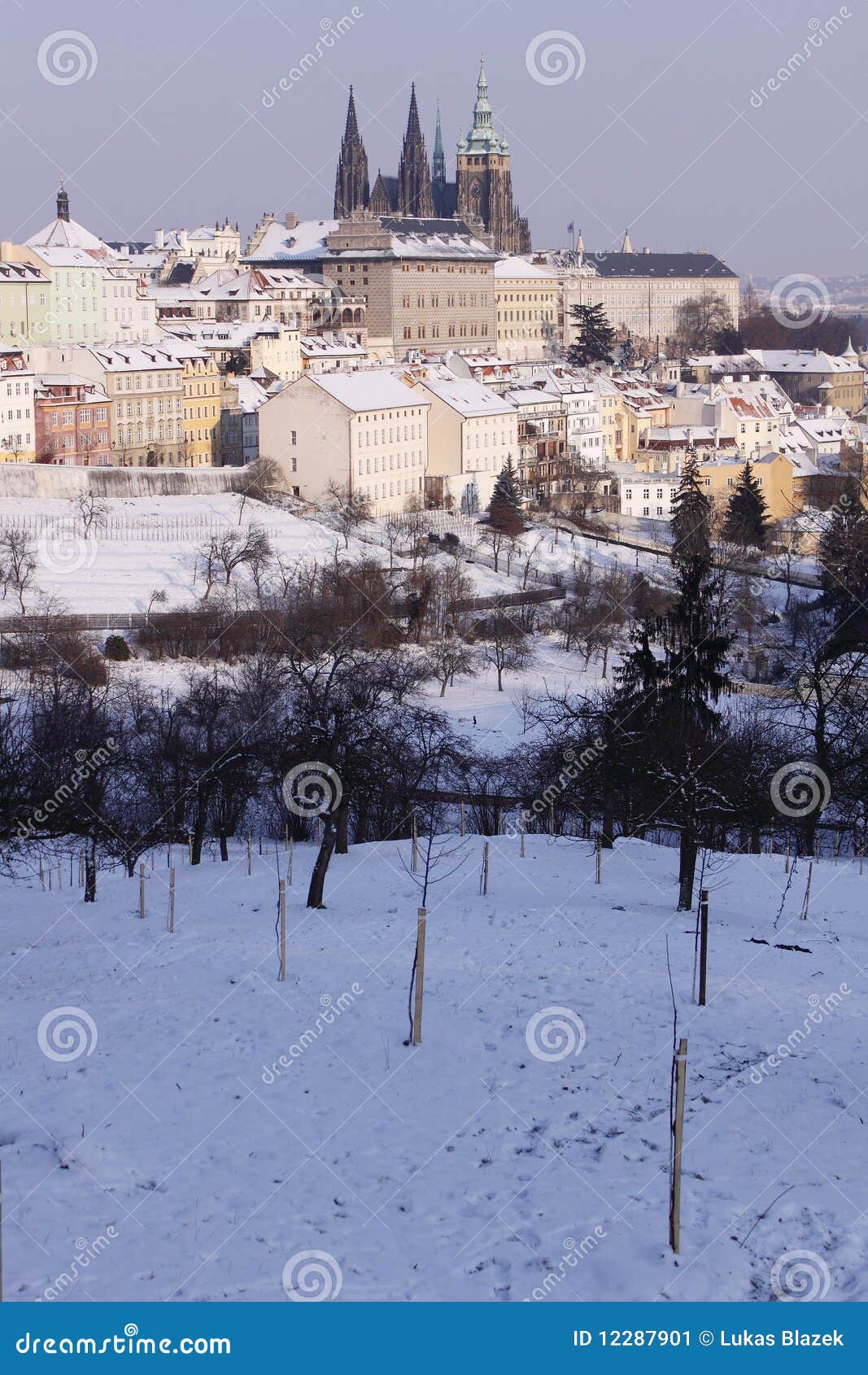 Snow-covered Prague castle stock image. Image of republic - 12287901