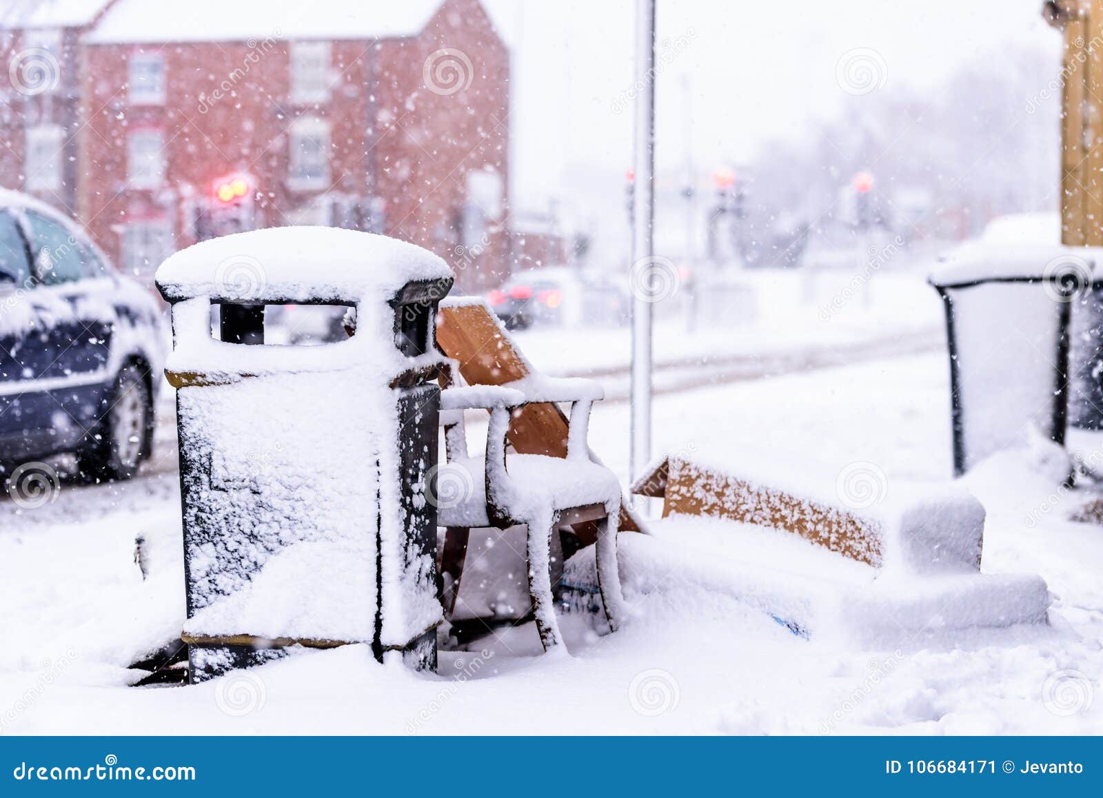 Snow Covered Public Waste Bin Next To UK Road Stock Image - Image of ...