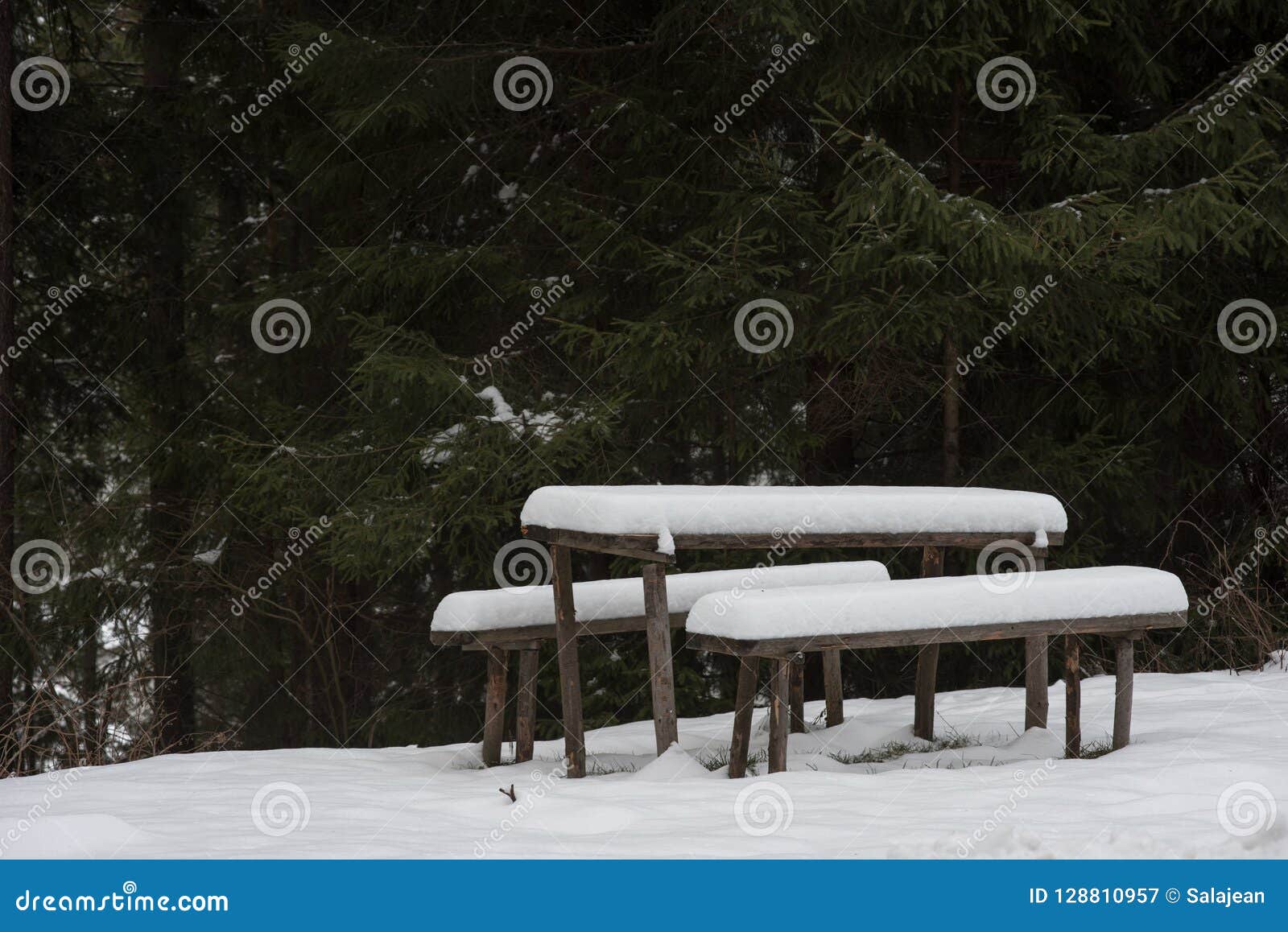 Snow Covered Resting Place with Table and Benches Stock Image - Image ...