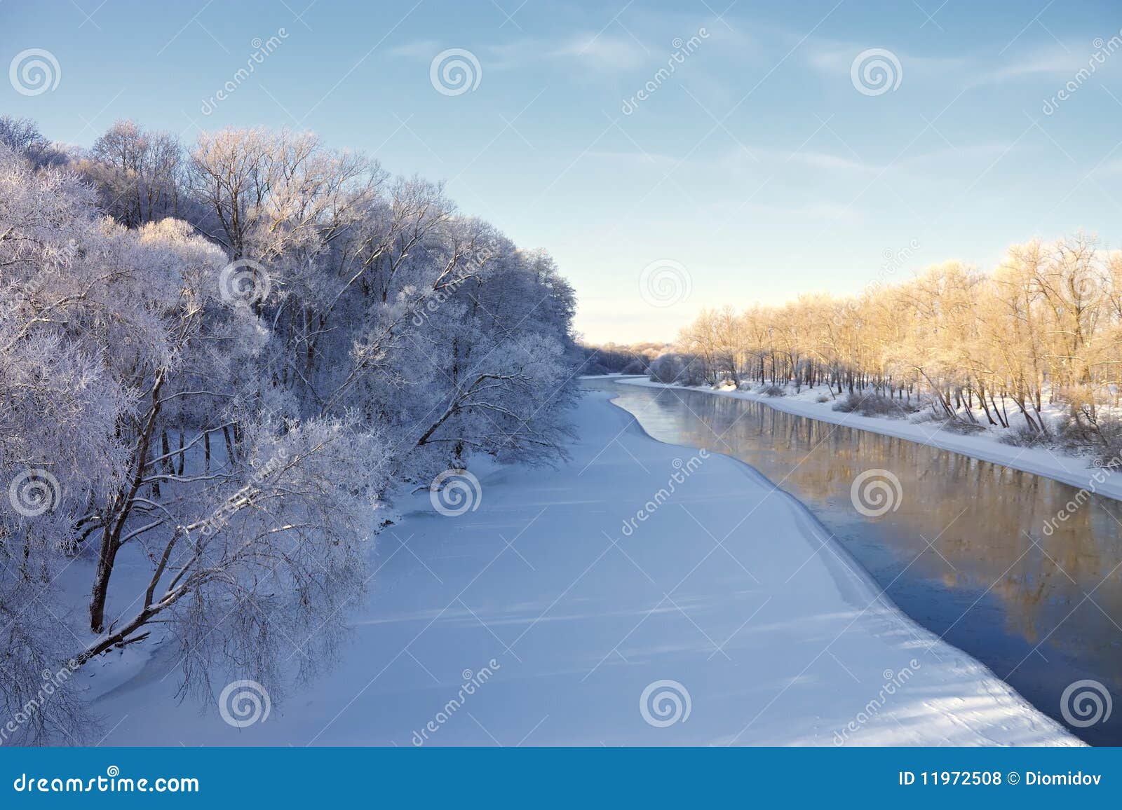 The Snow-covered River and Trees in Hoarfrost Stock Photo - Image of ...