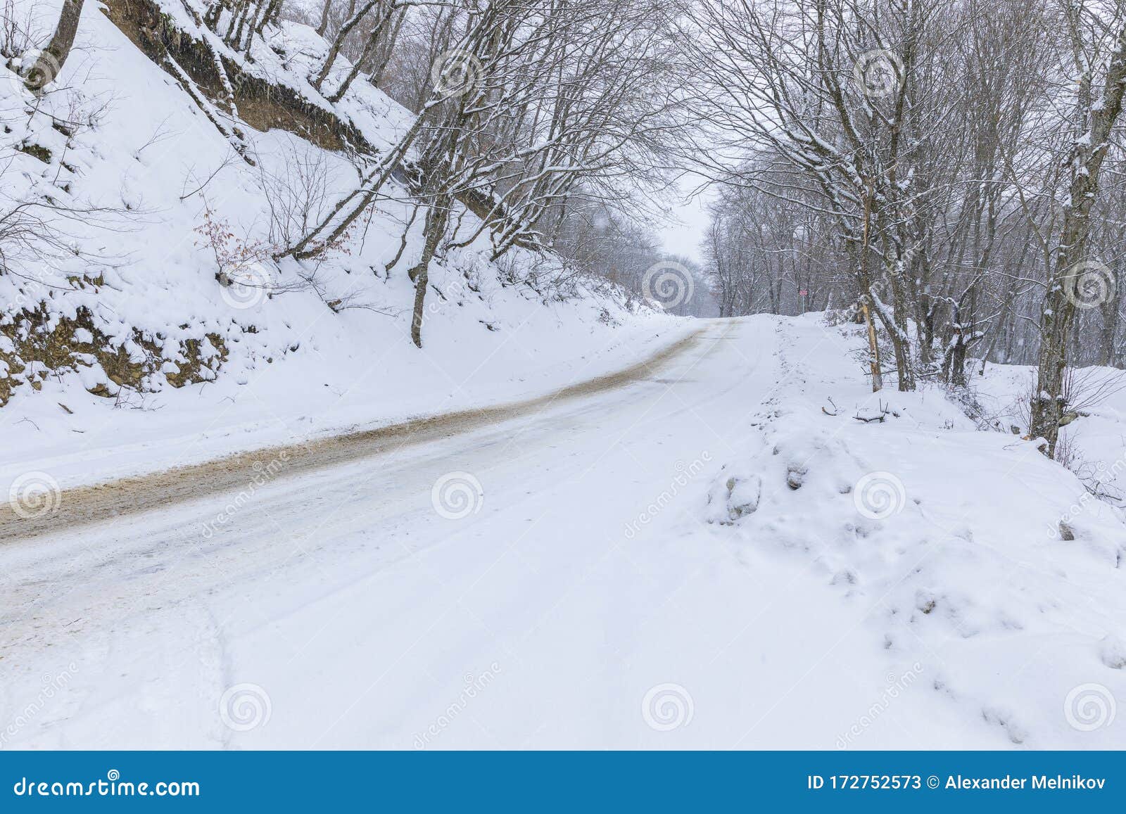 Snow Covered Road through a Forest Stock Image - Image of snowflakes ...