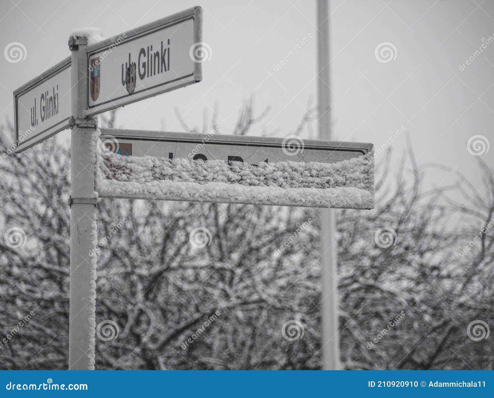 Snow-covered road sign stock photo. Image of covered - 210920910