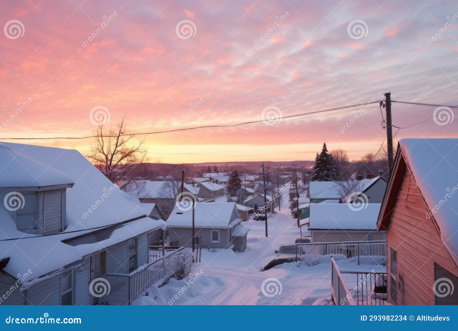 Snow-covered Rooftops Under a Soft Winter Sunrise Stock Illustration ...