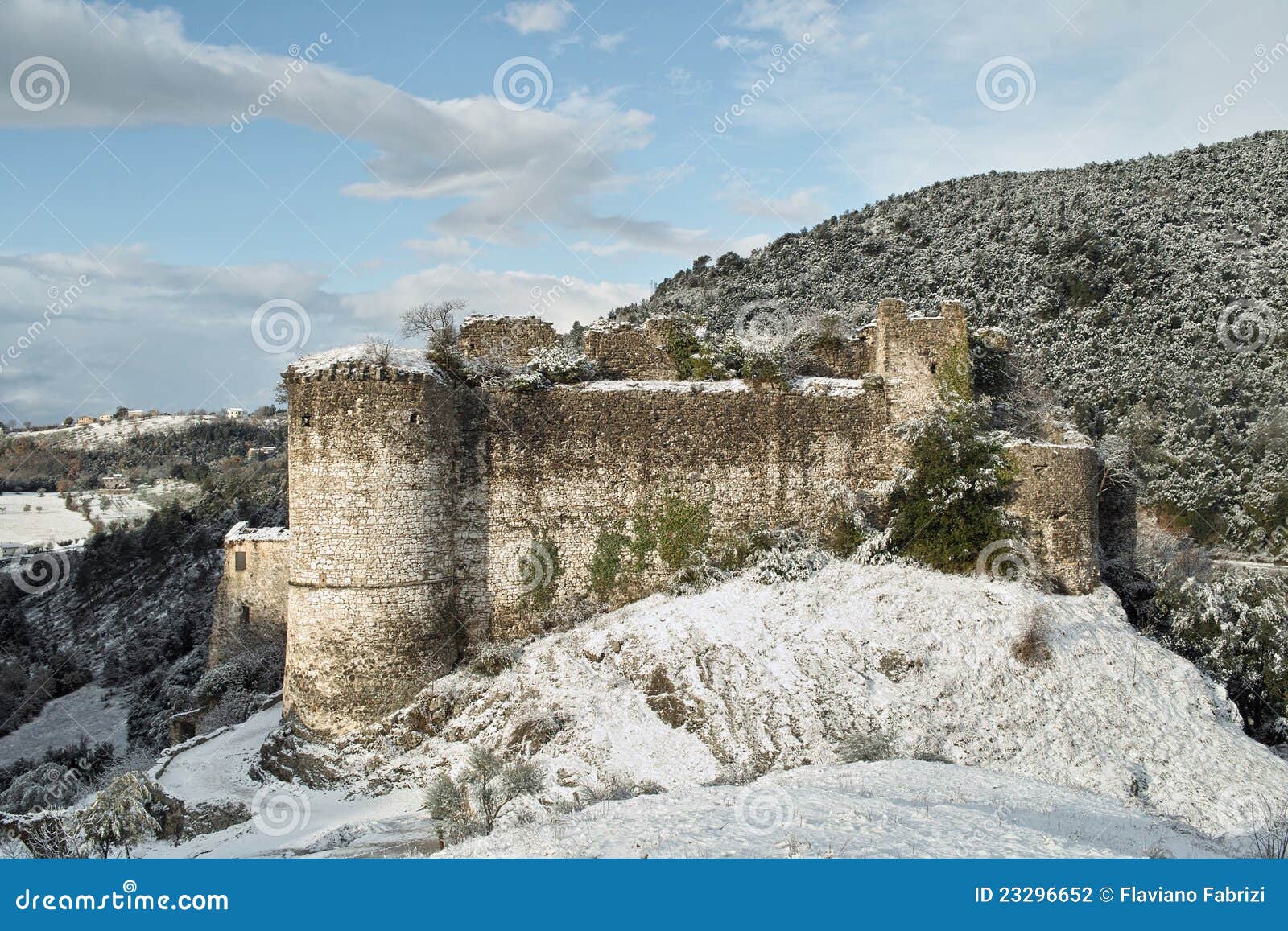 Snow-covered Ruins of an Ancient Castle Stock Photo - Image of torri ...