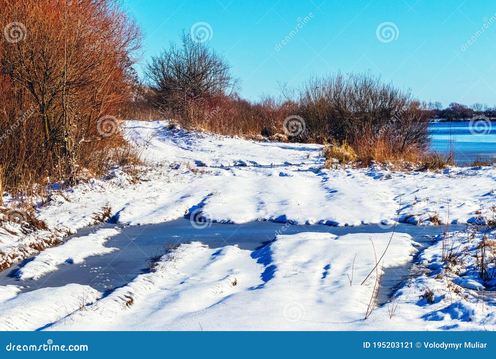 Snow-covered Shore River with a Puddle in Sunny Weather Stock Image ...
