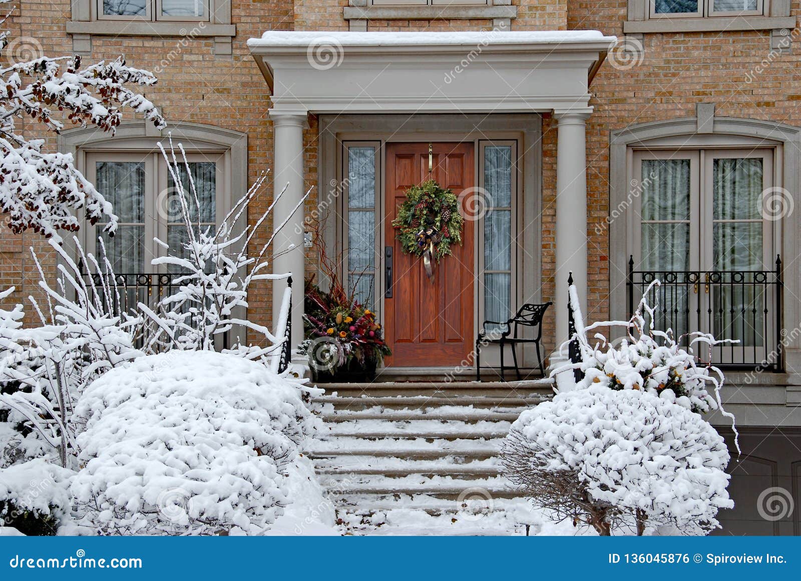 Snow covered shrubbery stock photo. Image of class, facade - 136045876
