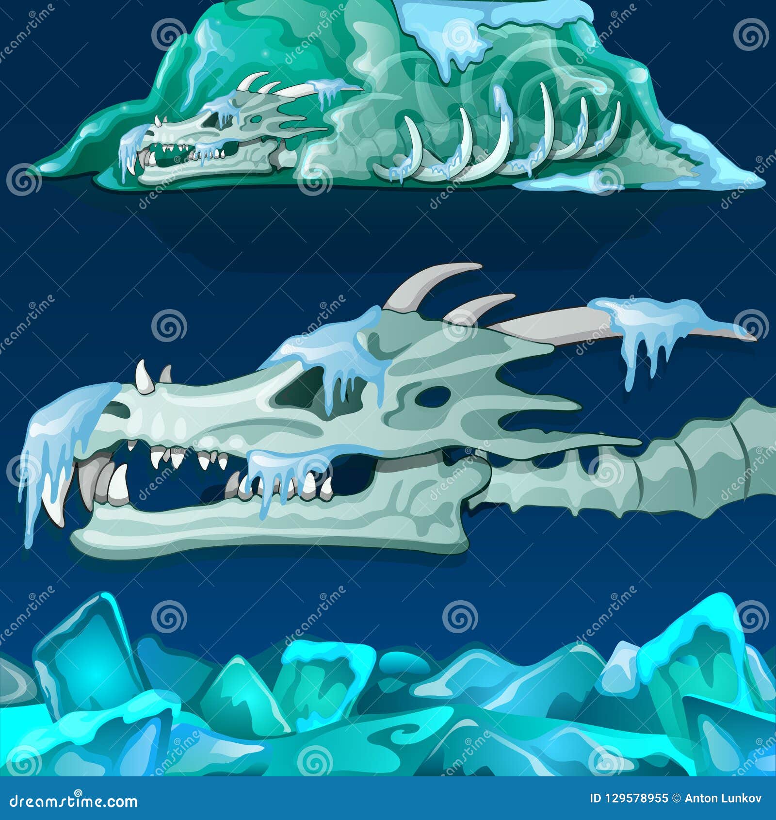 Snow-covered Skull of Dragon on Blue Background. Vector Illustration ...