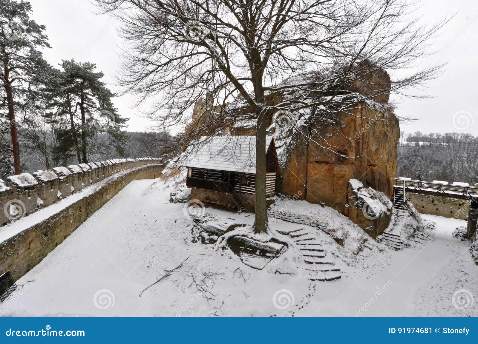 Snow Covered the Small Hut and Rocks Stock Image - Image of road ...
