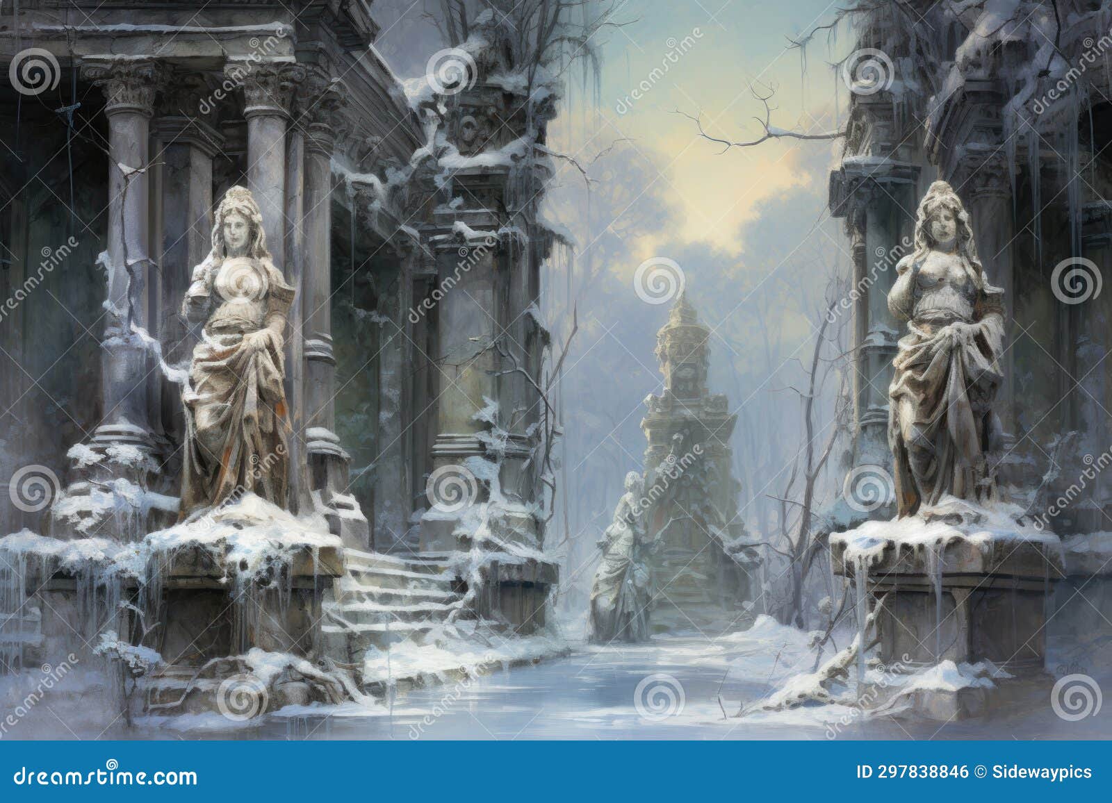 Snow-covered Statues and Monuments - Generative AI Stock Illustration ...