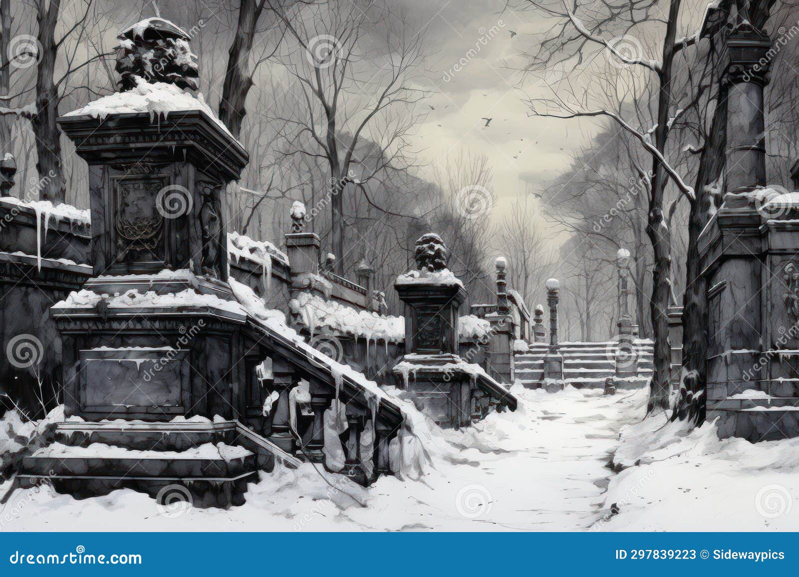 Snow-covered Statues and Monuments - Generative AI Stock Image - Image ...