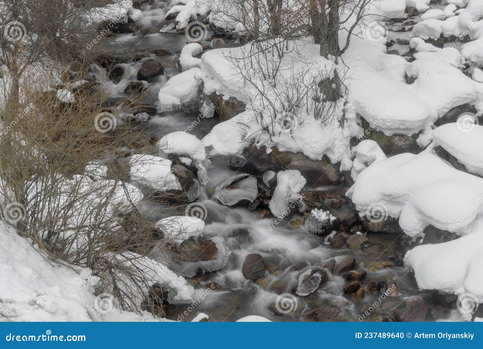 A Snow Covered Stream in the Forest Stock Photo - Image of nature, snow ...