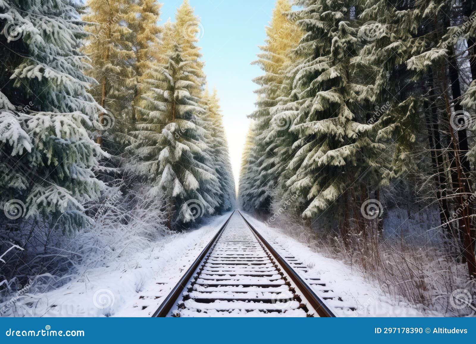 Snow Covered Train Tracks with Pine Trees Alongside Stock Photo - Image ...