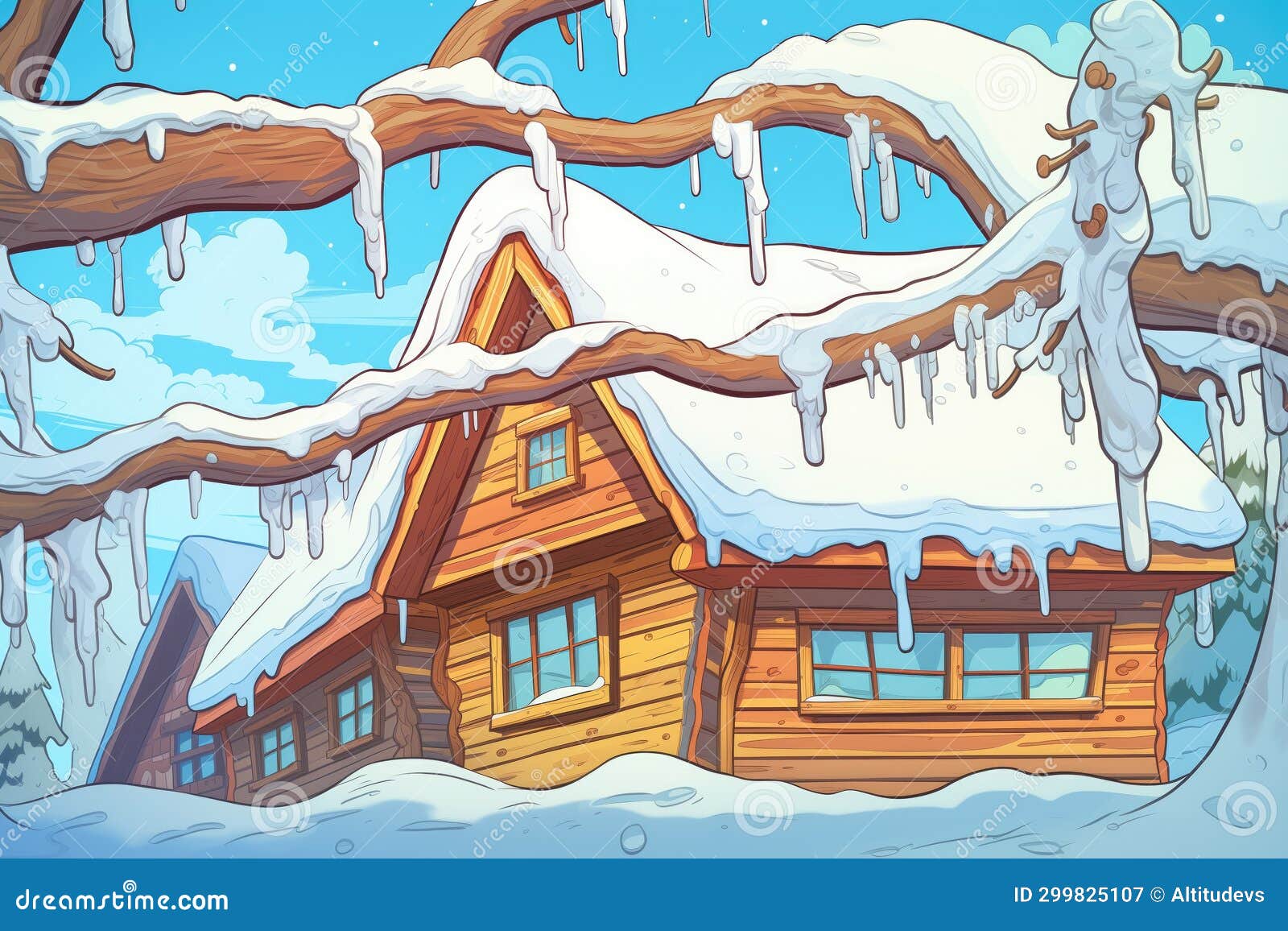 Snow-covered Tree Branches Touching Eave Icicles Stock Image - Image of ...