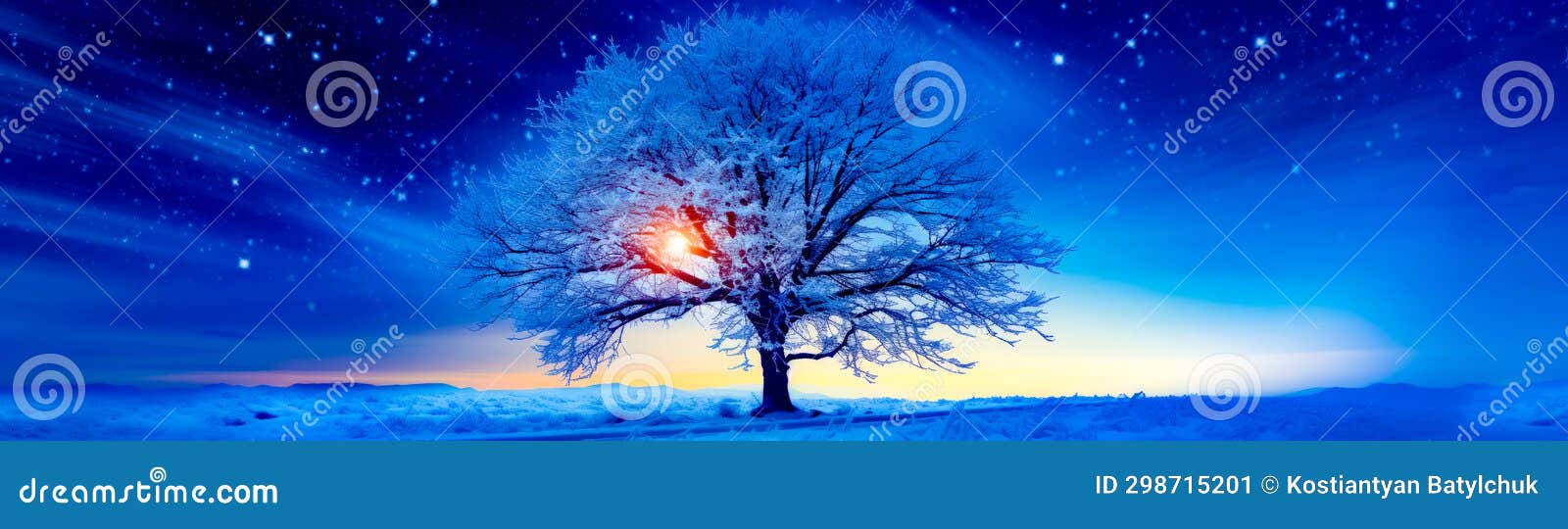 Snow Covered Tree in the Middle of Field with Bright Sun in the ...