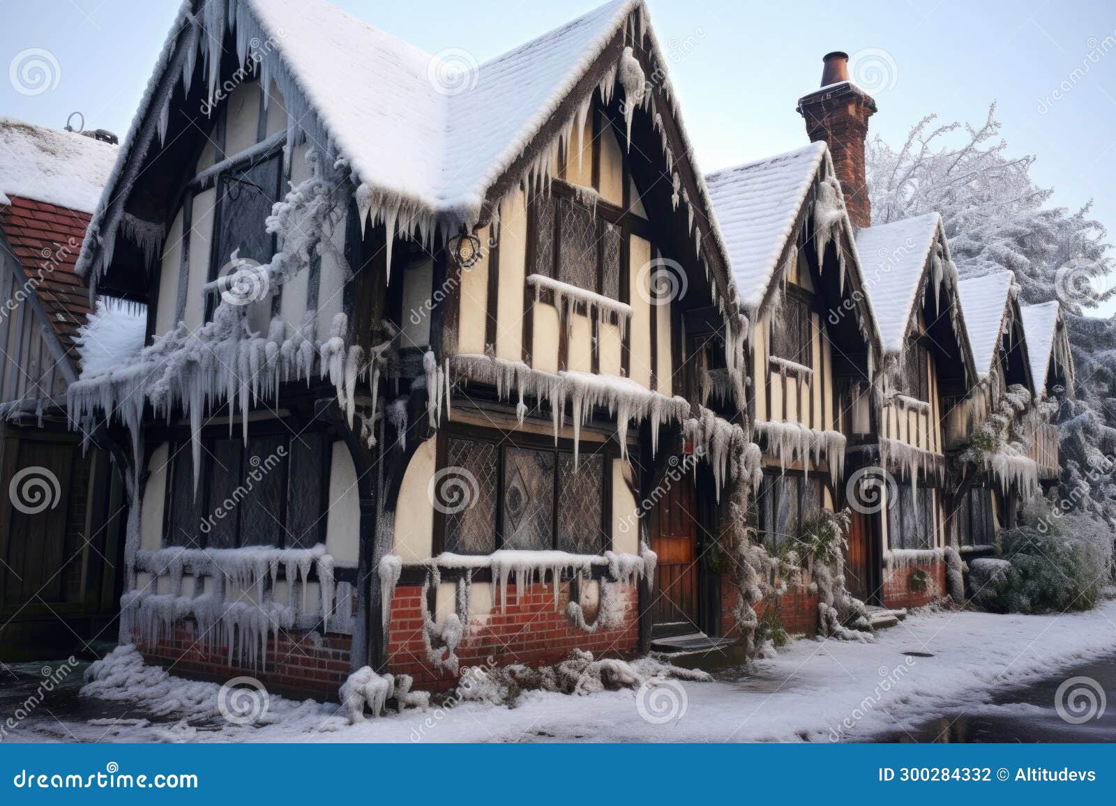 A Snow-covered Tudor House with Icicles Hanging from Its Eaves Stock ...