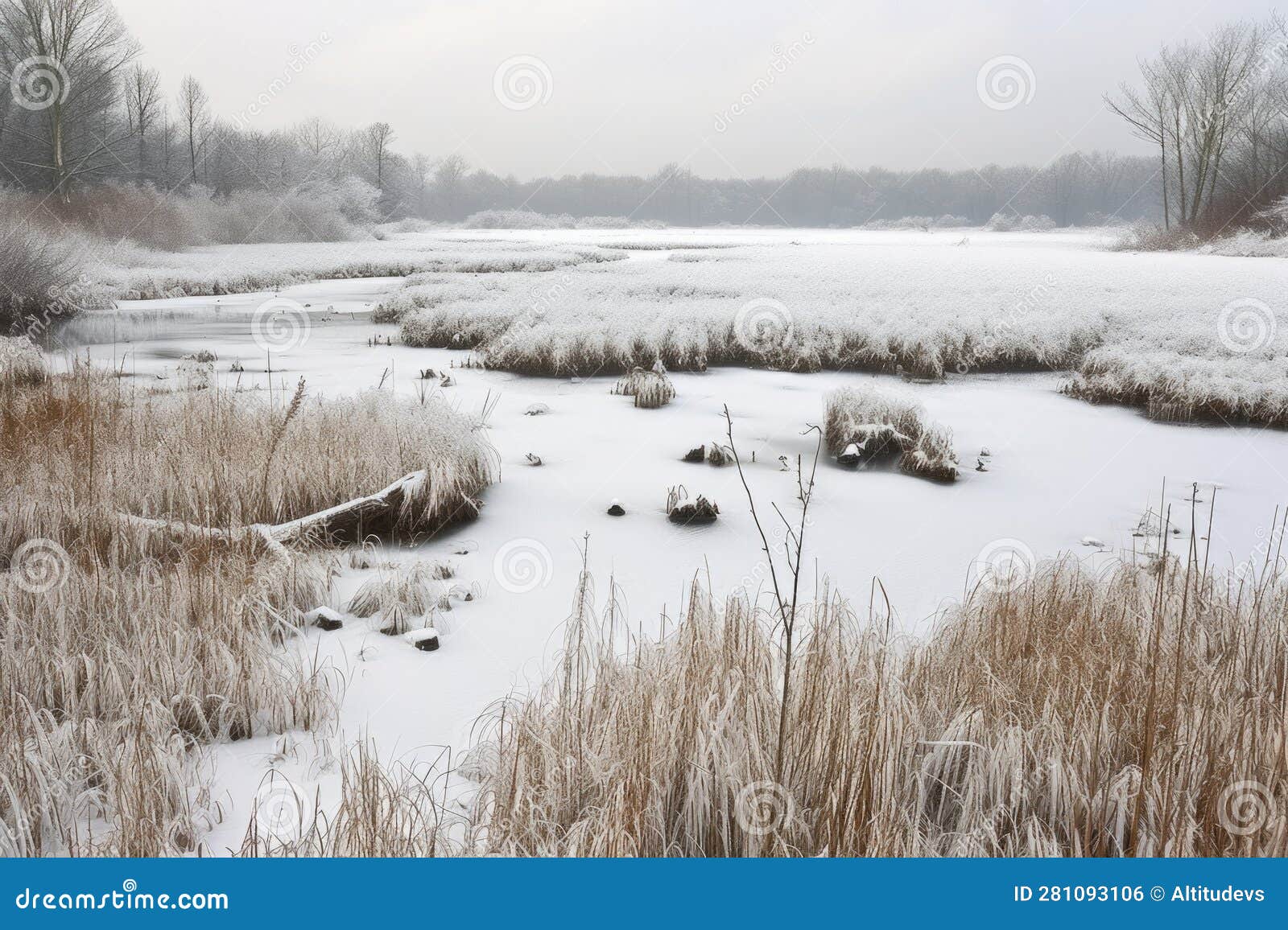Snow-covered Wetland and Marsh in Winter Landscape Stock Illustration - Illustration of plants ...