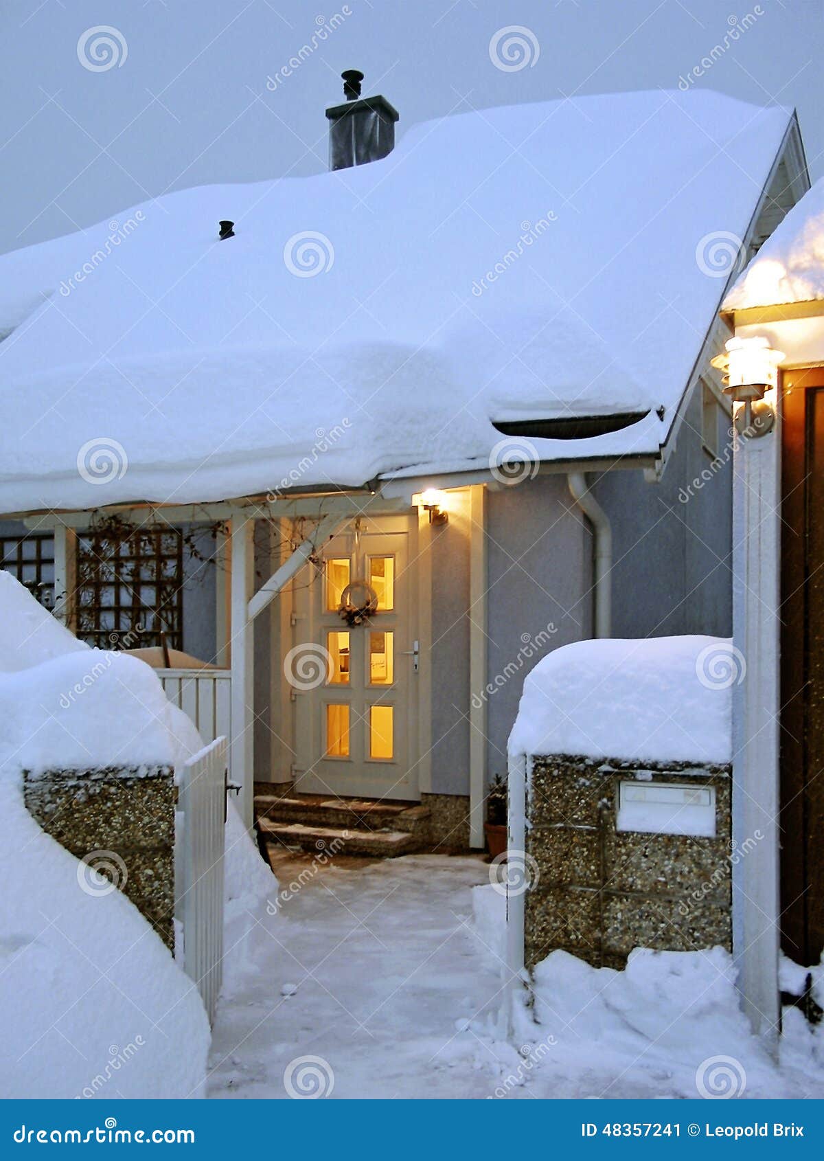 Snow-covered Winterly House Entrance Stock Image - Image of nightfall ...