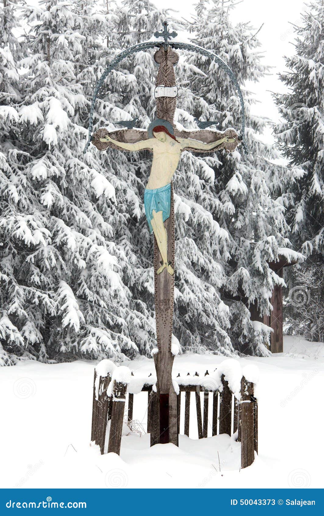 Snow Covered Wooden Cross with Jesus Stock Image - Image of landmark ...