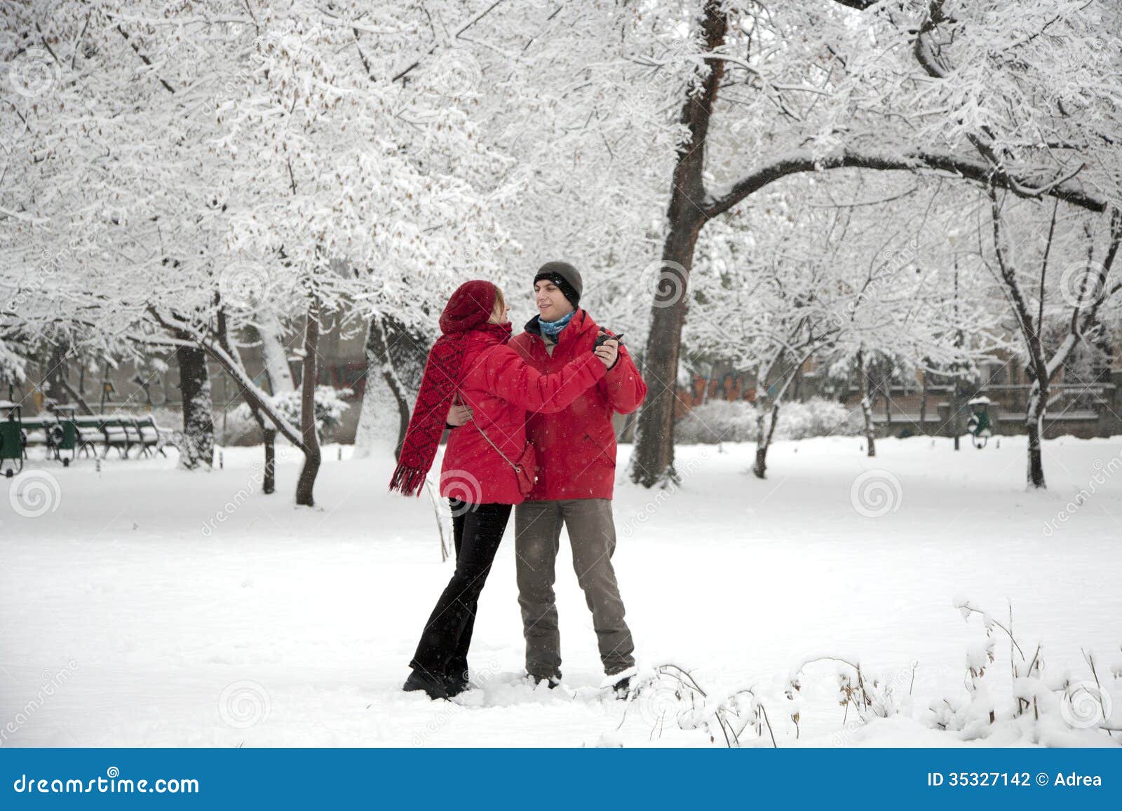 Young Couple Dancing in Snow Stock Photo - Image of girl, looking: 35327142