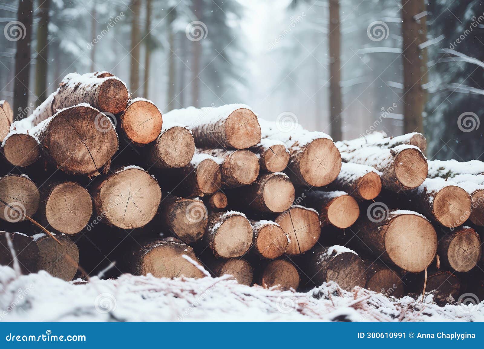 Snow Dusted Log Pile in Winter Forest Stock Image - Image of lumber ...