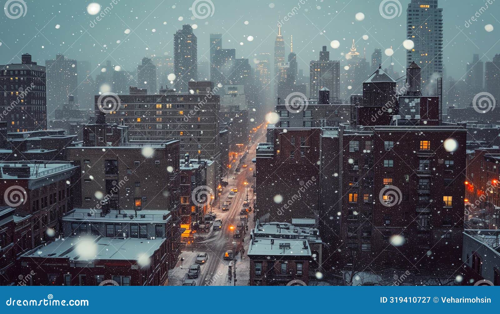 A Snow Falling in City View Stock Illustration - Illustration of dusk ...