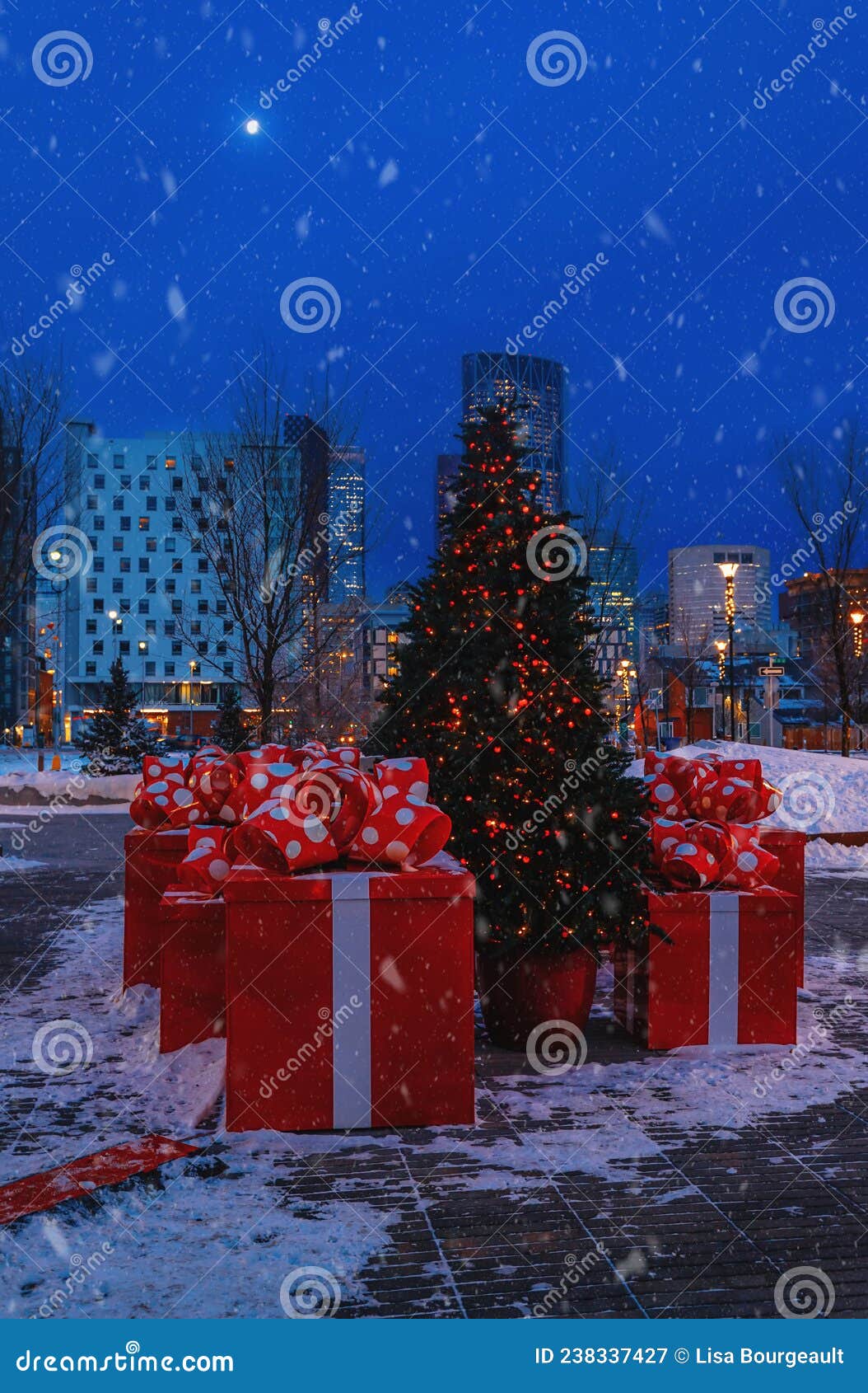 Snow Falling Down Over Christmas Decorations in Downtown Calgary Stock ...
