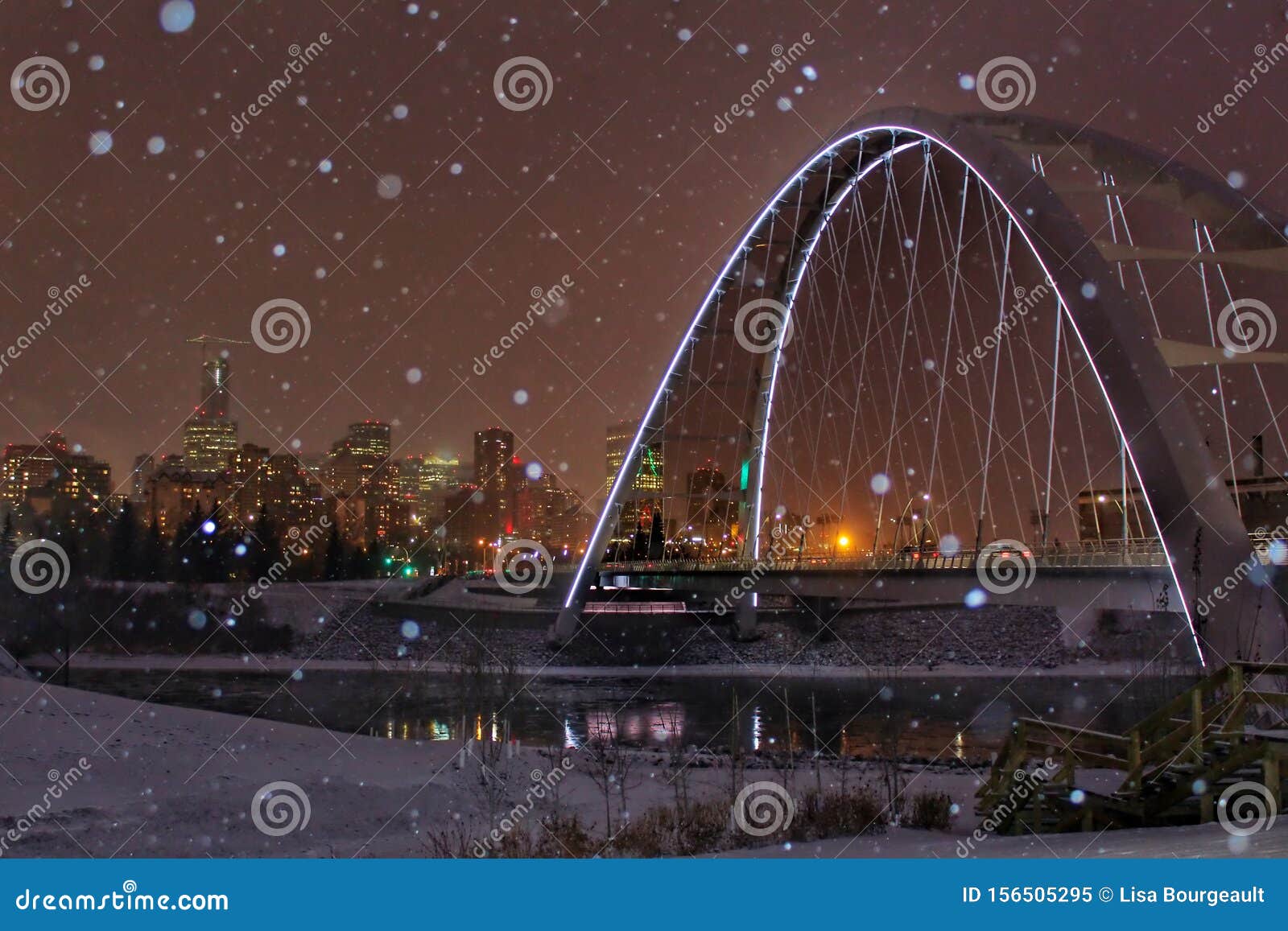 Snow Falling at Night by the River Valley Stock Image - Image of ...
