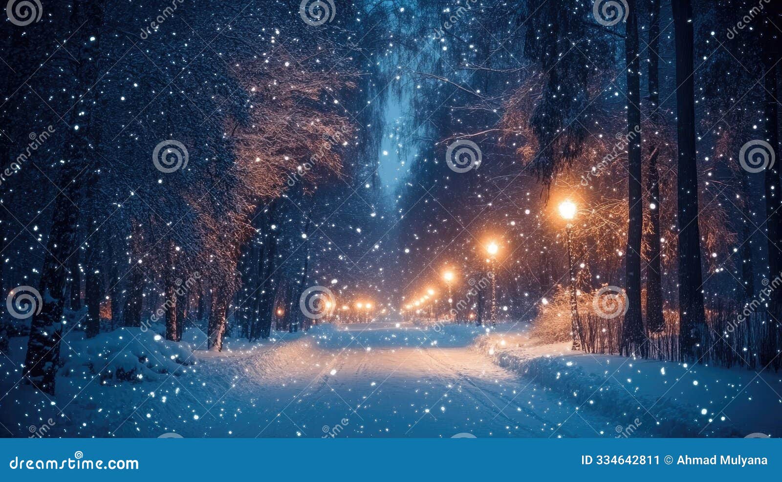 Snow Falling at Night in a Snowy Dark Forest, Lights and Stars Stock ...