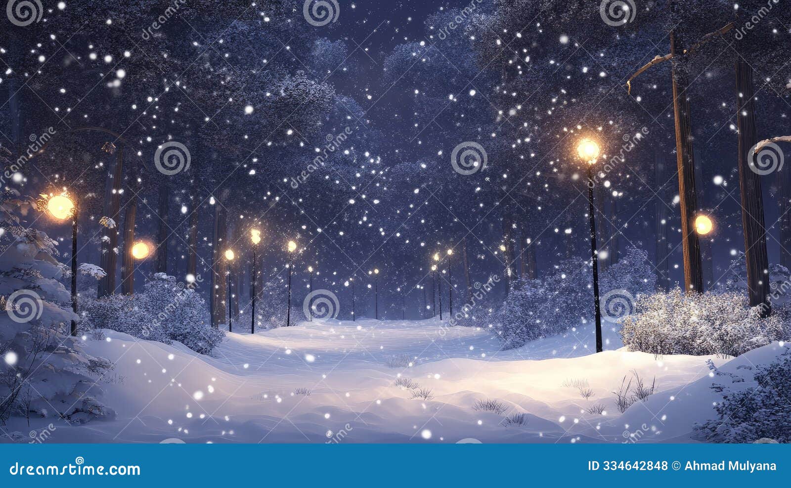 Snow Falling at Night in a Snowy Dark Forest, Lights and Stars Stock ...
