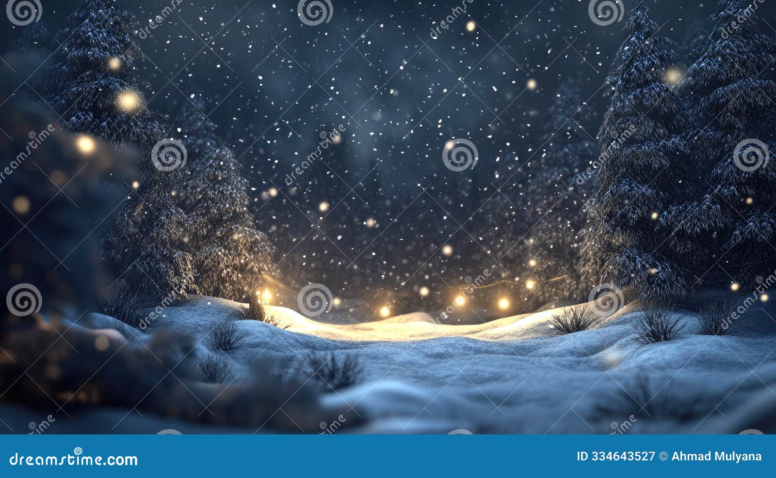 Snow Falling at Night in a Snowy Dark Forest, Lights and Stars Stock ...