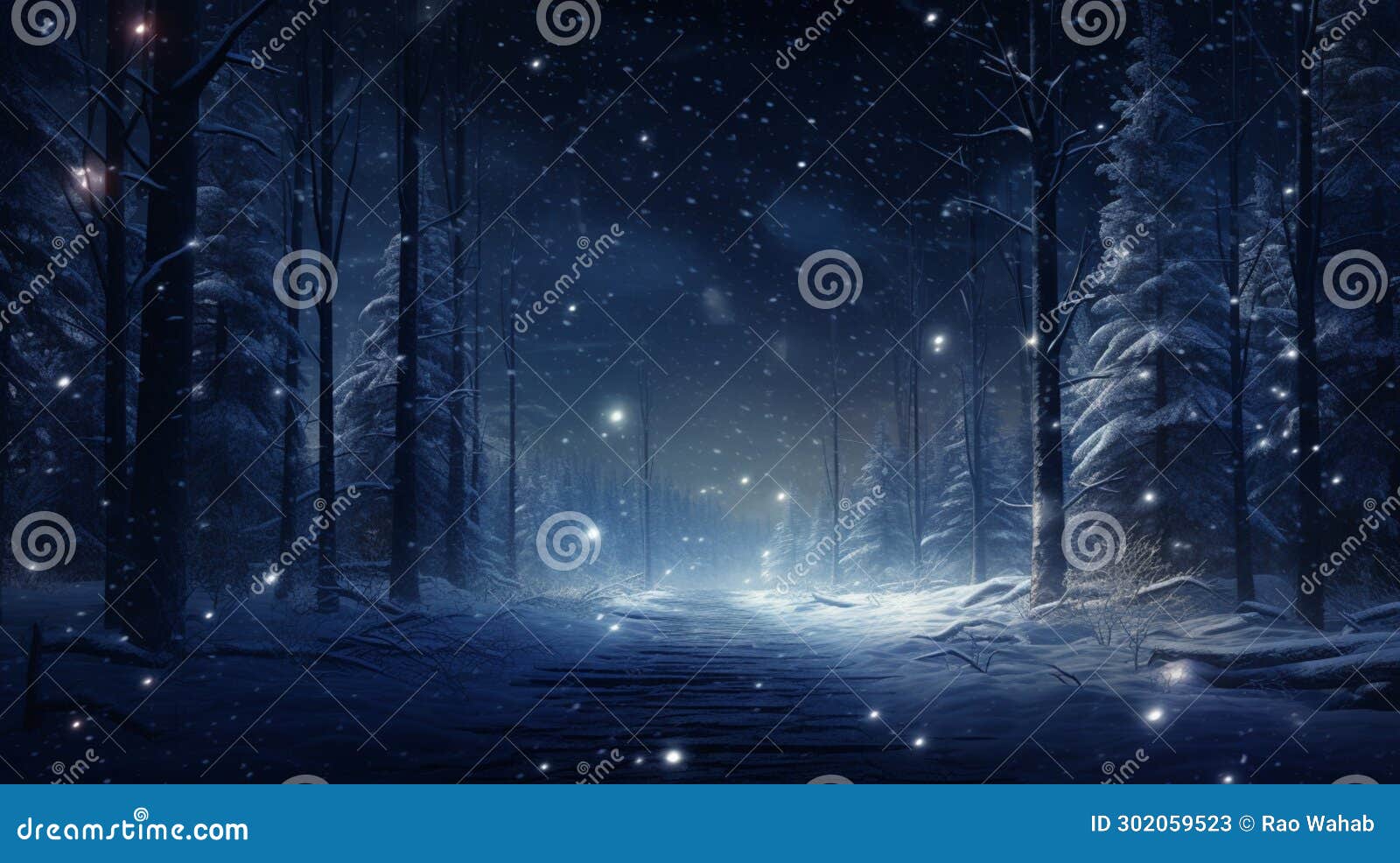 Snow Falling At Night In A Snowy Dark Forest With Lights And Stars ...
