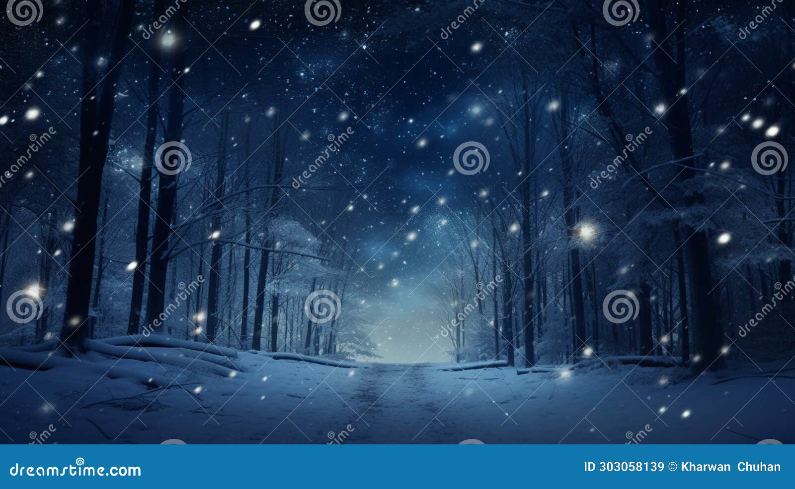 Snow Falling in a Snowy Dark Forest with Lights and Stars with Cloudy ...