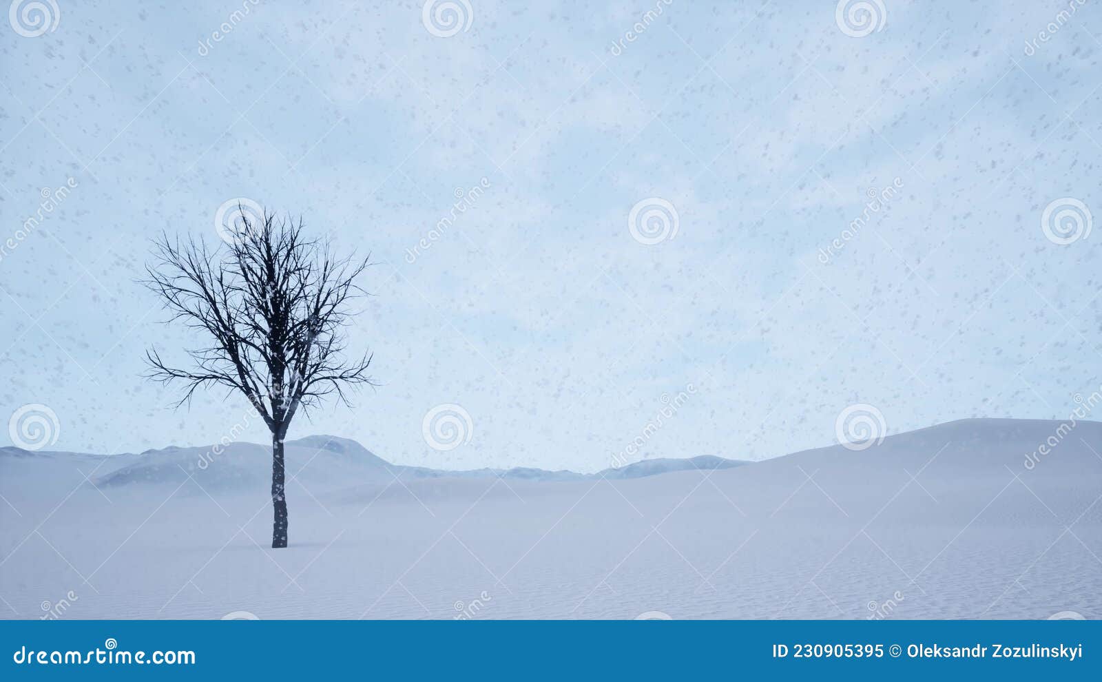 Snow is Falling in Realistic 3d Style Dramatic Sky Landscape One Tree ...