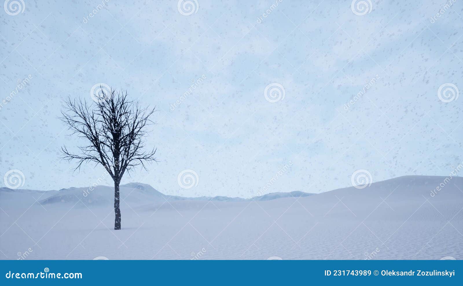 Snow is Falling in Realistic 3d Style Dramatic Sky Landscape One Tree ...